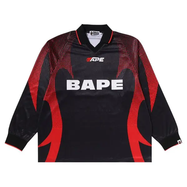 A BATHING APE Ape Flame Monogram Jacquard Logo Relaxed Fit Football Jersey - Black
