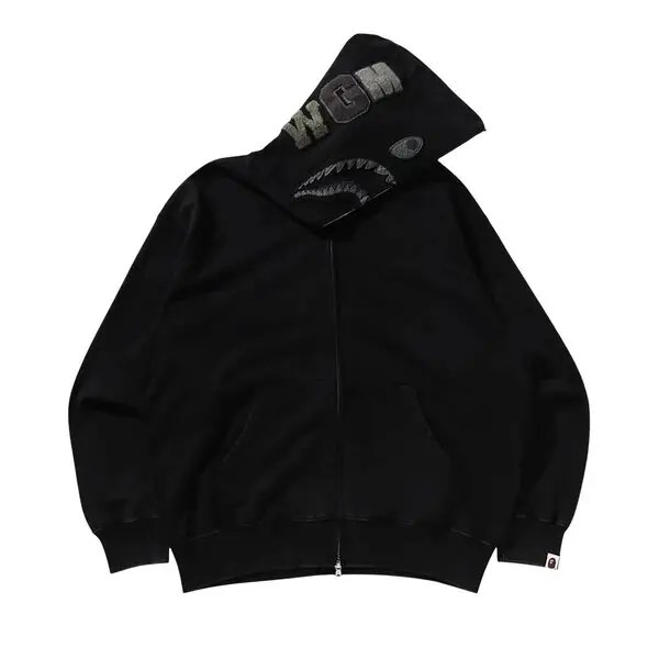 A BATHING APE Garment Dye Shark Relaxed Fit Full Zip Hoodie - Black