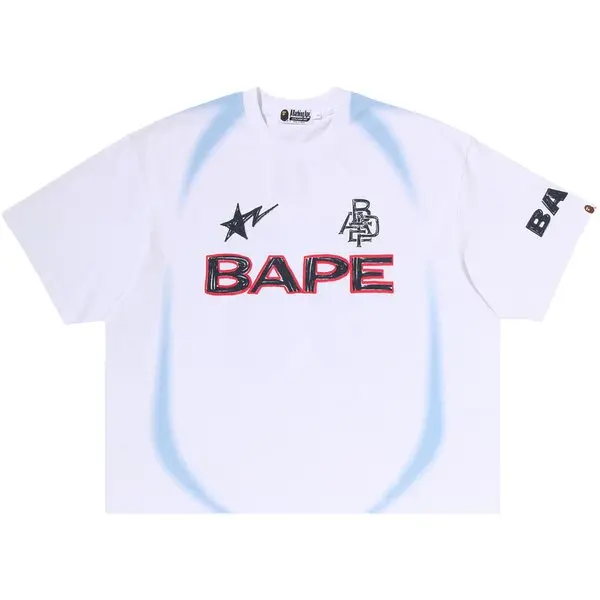 A BATHING APE Heavy Wash Hand Draw Football Multi Logo Relaxed Fit Tee - White