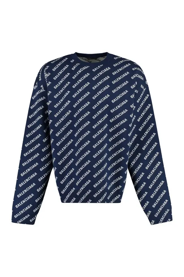 Balenciaga Allover Logo Cotton Crewneck Sweater - Blue