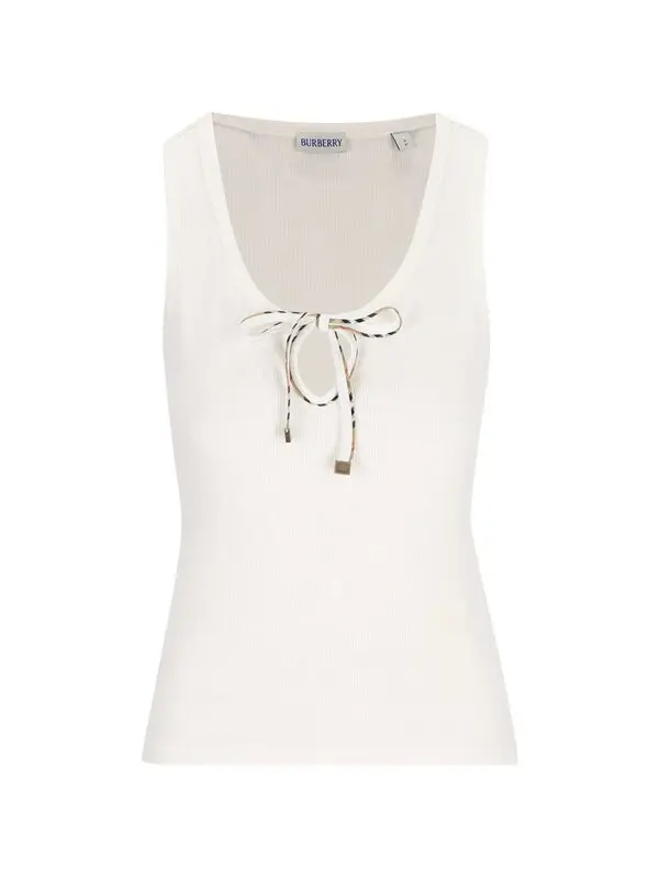Burberry Ribbed Knit Scoop Neck Top With Front Tie Detail - Bianco