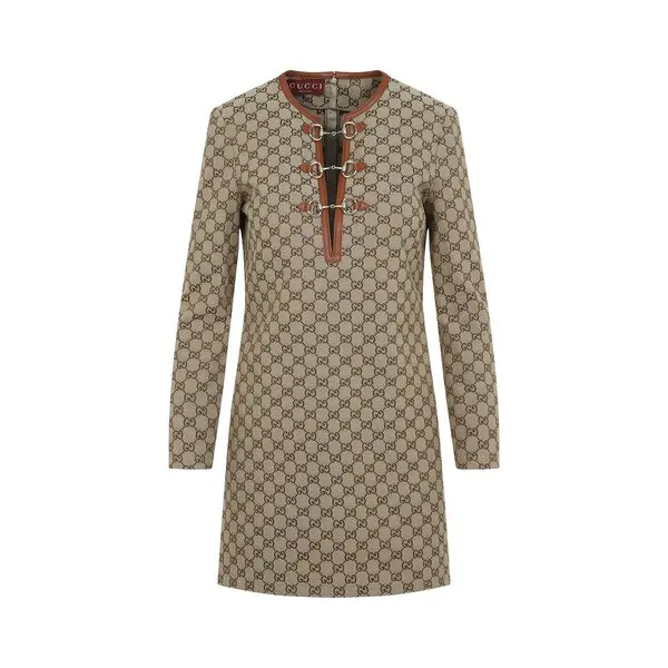 Gucci Gg Canvas Dress With Horsebit - Camel