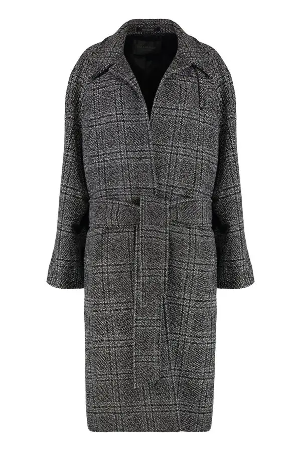 Balenciaga Belted Wool Check Long Coat - Grey