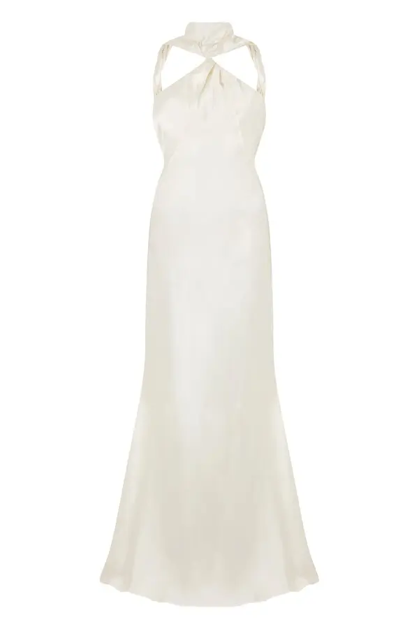 Attico Long Satin Halterneck Gown With Elegant Neckline - White