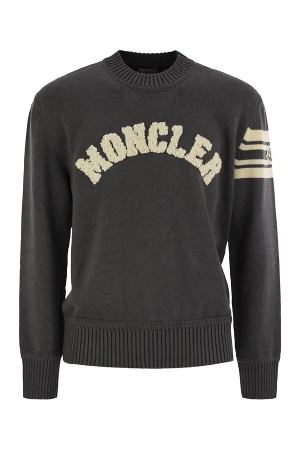 Moncler Logo-embroidered Striped-sleeve Sweater - Grey