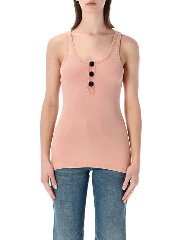 Chloé Ribbed Cotton Jersey Fitted Tank Top With Button Detail - Coral Sand