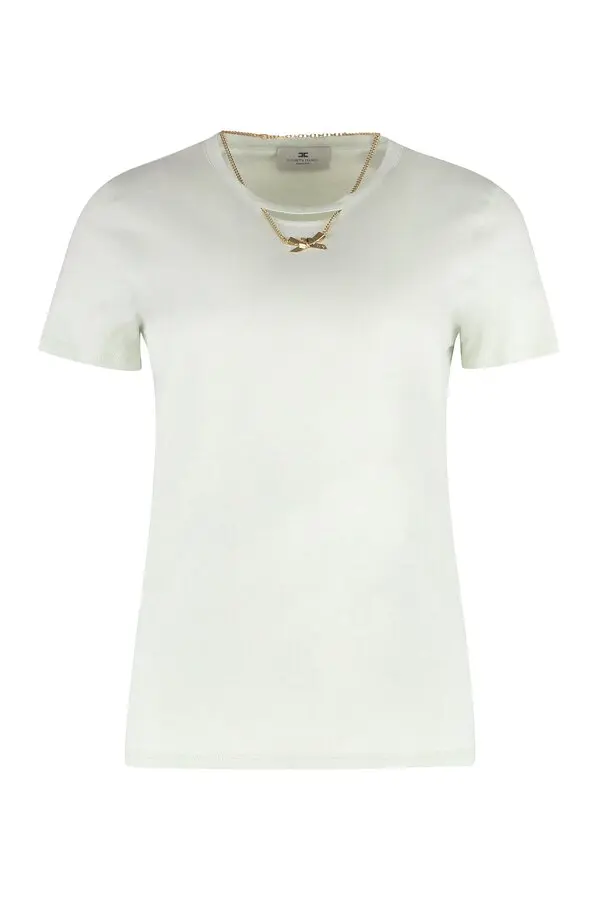 Elisabetta Franchi Chic Cut-out Cotton T-shirt With Gold Chain Necklace - Green
