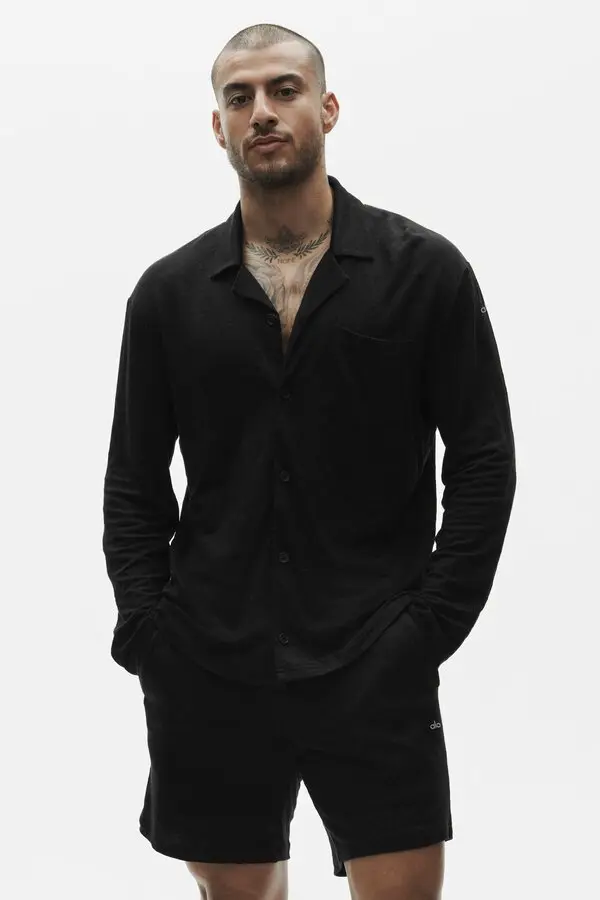 Alo Yoga Linen Jersey Coastal Long Sleeve Button Up Top - Black
