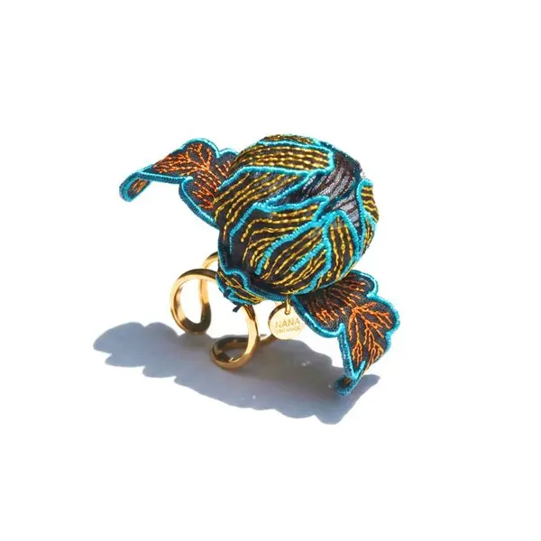 NANA WATANABE Black / Blue Angel Orb Ring & Ear Cuff – Black & Blue Embroidered Shibori Jewelry - Black/blue