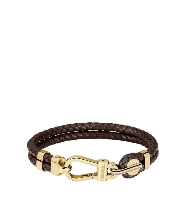 BOSS Brown Braided-leather Cuff With Gold-tone Carabiner Closure - Assorted Pre Pack
