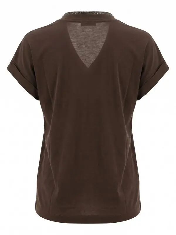 Brunello Cucinelli Cotton T-shirt With Embellished V-neck - Multicolor