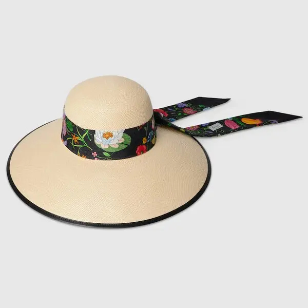 Gucci Panama Twill Hat With Silk Ribbon - Black