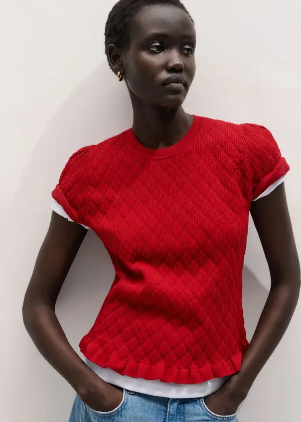ME+EM Smocked Knit Slim Tee Ruby Red - Deep Ruby Red