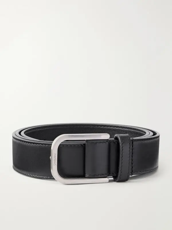 Saint Laurent Slim Leather Belt With Silver-tone Buckle - Black
