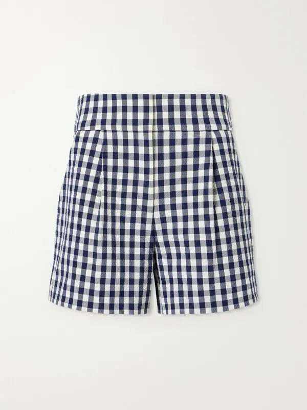 Veronica Beard Haina Pleated Gingham Stretch-cotton Cloqué Shorts - Blue