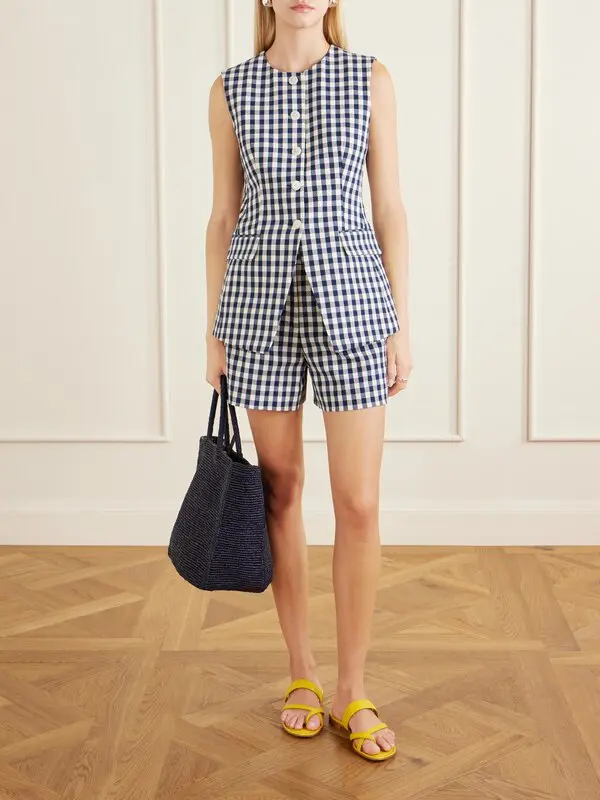 Veronica Beard Haina Pleated Gingham Stretch-cotton Cloqué Shorts - Blue