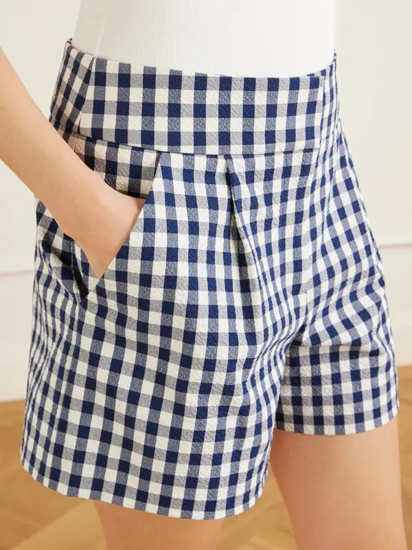 Veronica Beard Haina Pleated Gingham Stretch-cotton Cloqué Shorts - Blue