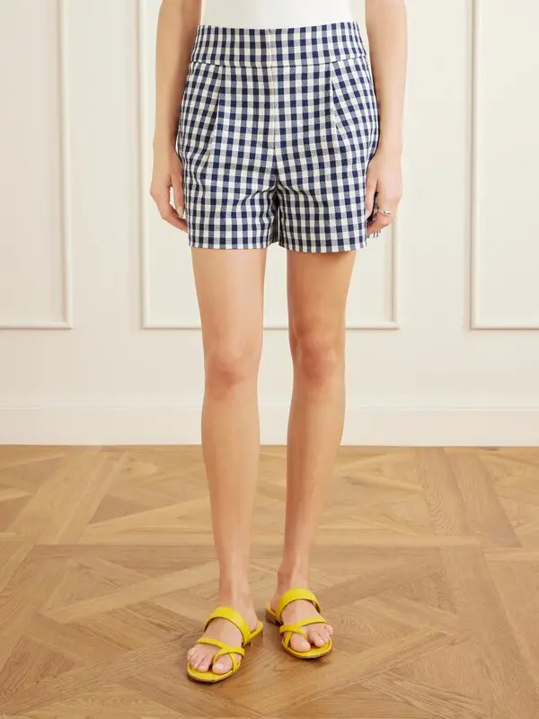 Veronica Beard Haina Pleated Gingham Stretch-cotton Cloqué Shorts - Blue