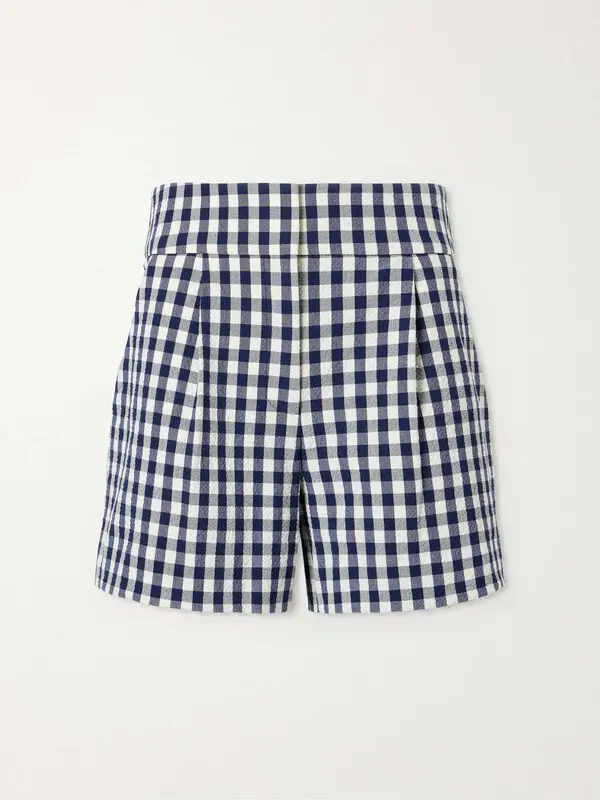 Veronica Beard Haina Pleated Checked Stretch-cotton Cloqué Shorts - Navy