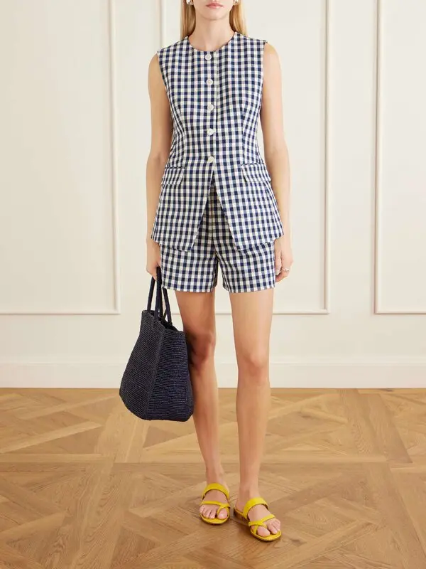 Veronica Beard Haina Pleated Checked Stretch-cotton Cloqué Shorts