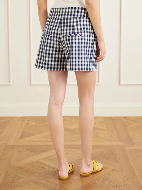Veronica Beard Haina Pleated Checked Stretch-cotton Cloqué Shorts