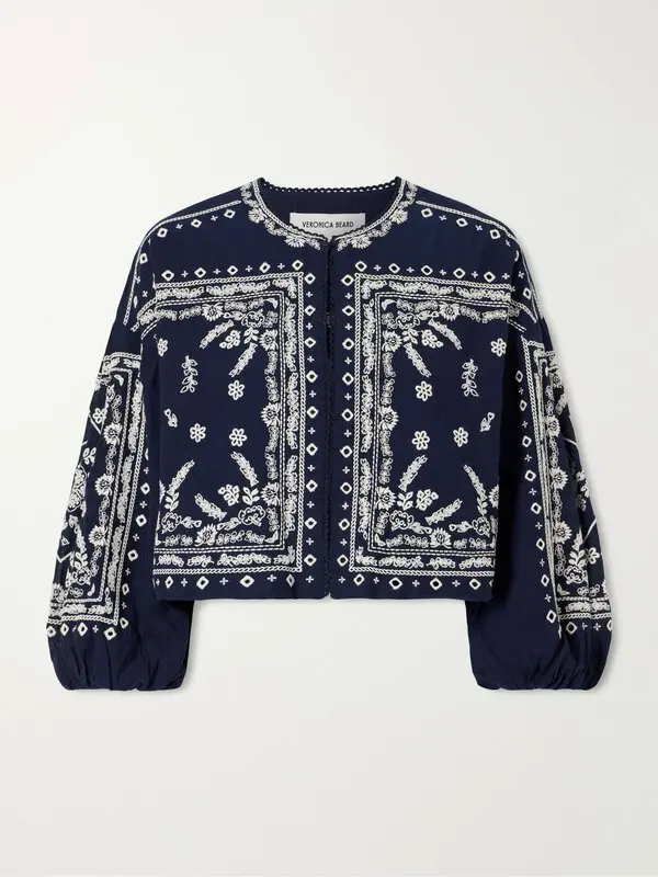 Veronica Beard Drake Cropped Embroidered Cotton-blend Poplin Jacket - Navy