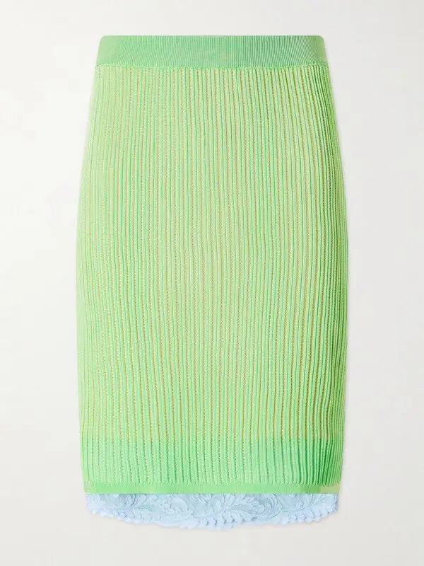 Versace Lace-trimmed Ribbed-knit Midi Skirt - Green