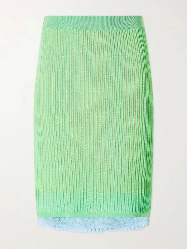 Versace Lace-trimmed Ribbed-knit Midi Skirt - Mint
