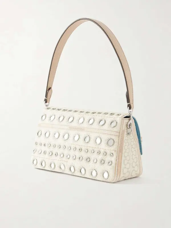 Tory Burch Charlie Embellished Embroidered Canvas Shoulder Bag
