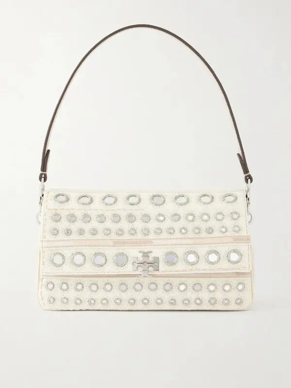 Tory Burch Charlie Embellished Canvas Shoulder Bag - Neutrals