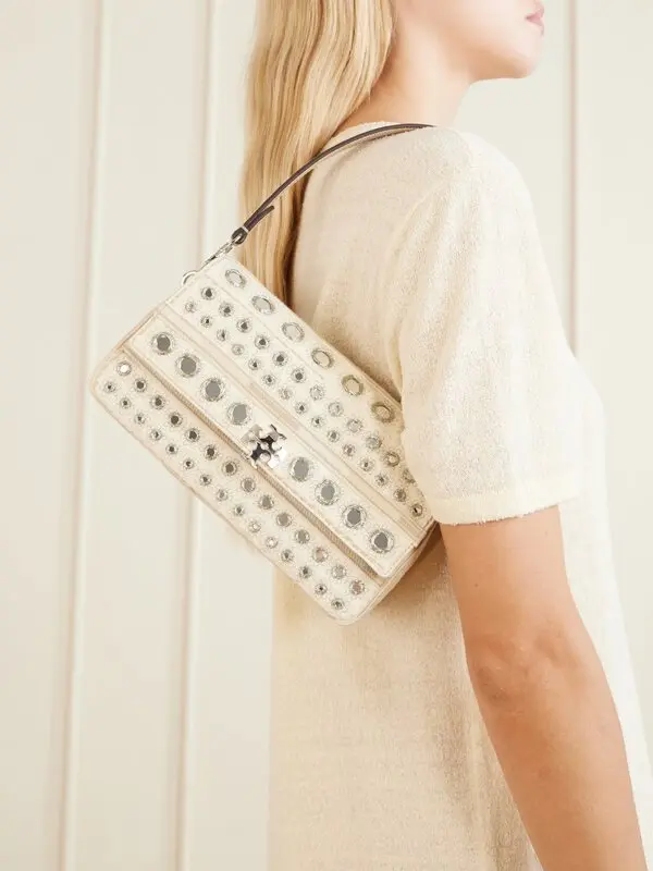 Tory Burch Charlie Embellished Canvas Shoulder Bag - Neutrals