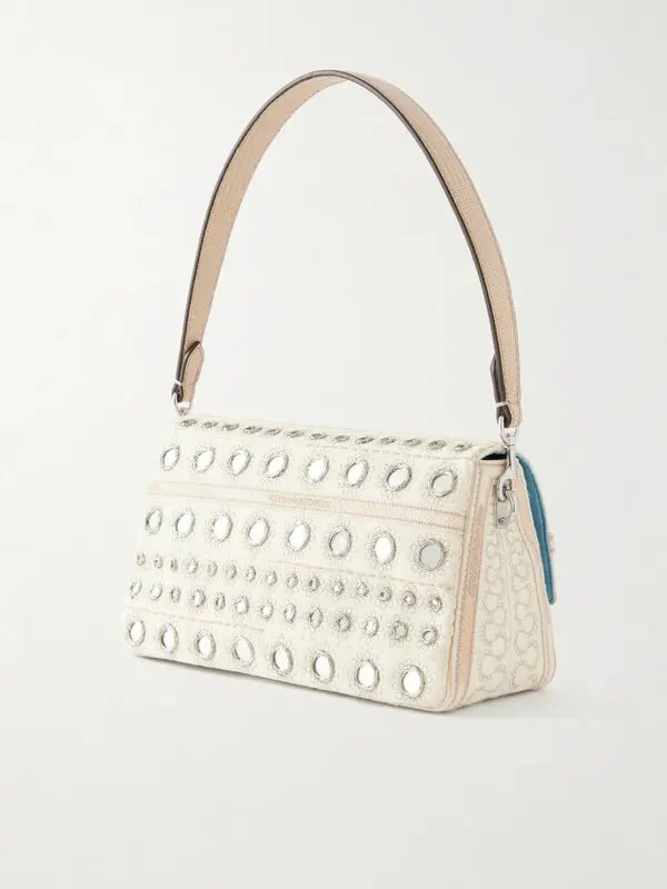 Tory Burch Charlie Embellished Canvas Shoulder Bag - Neutrals