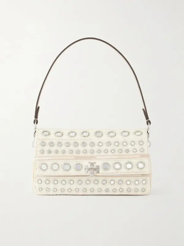 Tory Burch Charlie Embellished Canvas Shoulder Bag - Neutrals
