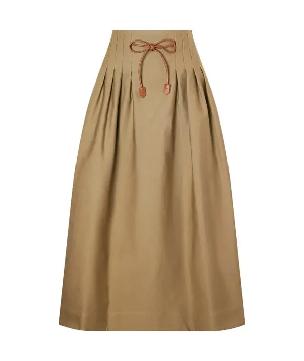 Max Mara Belted Pleated Cotton Midi Skirt - Brown