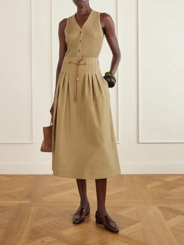 Max Mara Belted Pleated Cotton Midi Skirt - Brown