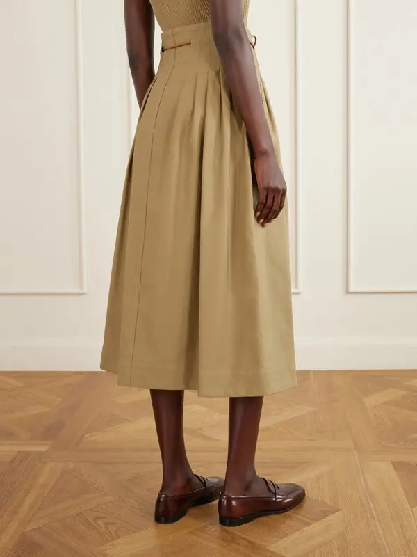 Max Mara Belted Pleated Cotton Midi Skirt - Brown