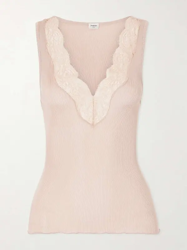 Saint Laurent Lace-trimmed Ribbed Silk-jersey Tank - Neutral