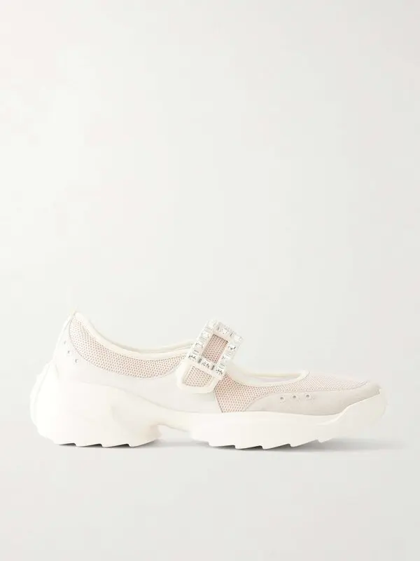 ROGER VIVIER Viv On The Run Embellished Leather-trimmed Mesh Mary Jane Sneakers - Neutral
