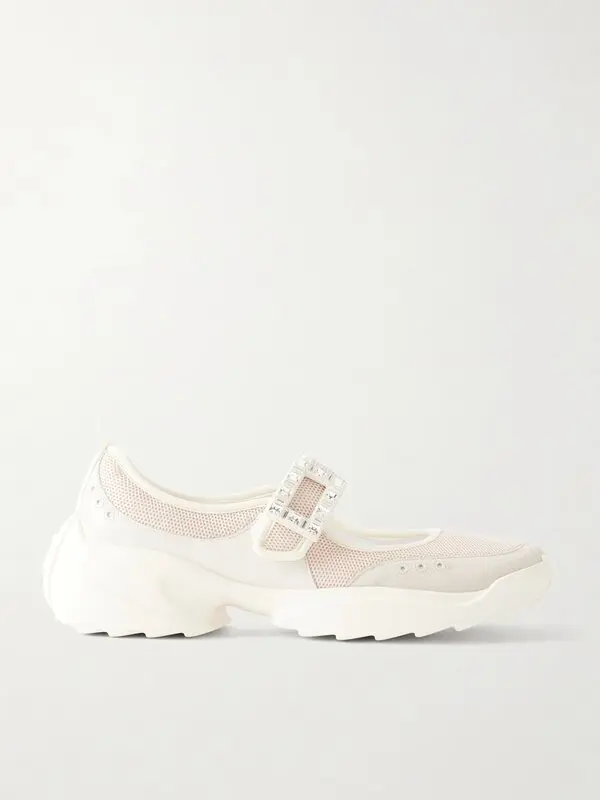 ROGER VIVIER Viv On The Run Embellished Mesh Mary Jane Sneakers - Neutrals