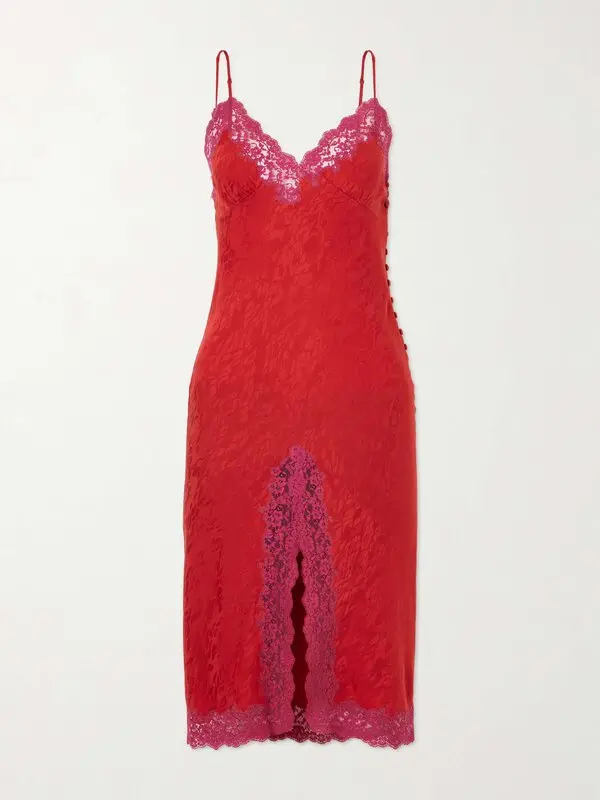 Saint Laurent Lace-trimmed Silk-satin Midi Dress - Red