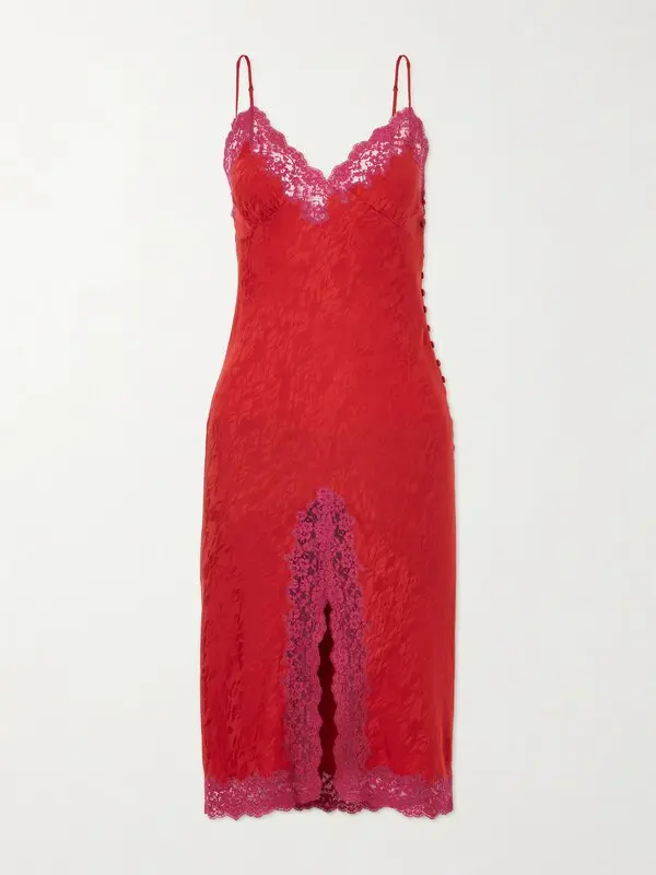 Saint Laurent Lace-trimmed Silk-satin Midi Dress - Red
