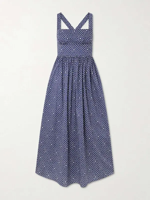 Matteau Gathered Printed Organic Cotton Midi Dress - Blue
