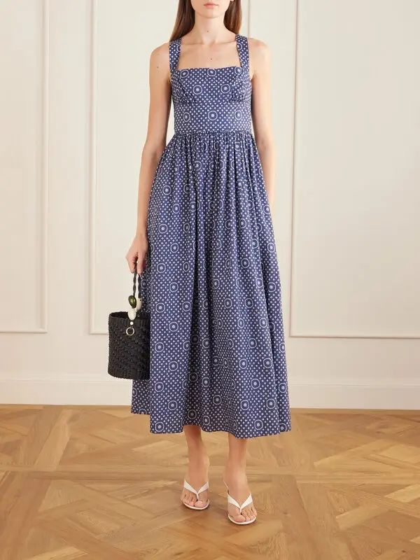 Matteau Gathered Printed Organic Cotton Midi Dress - Blue