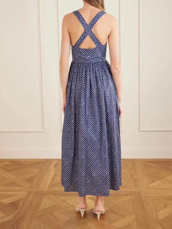 Matteau Gathered Printed Organic Cotton Midi Dress - Blue