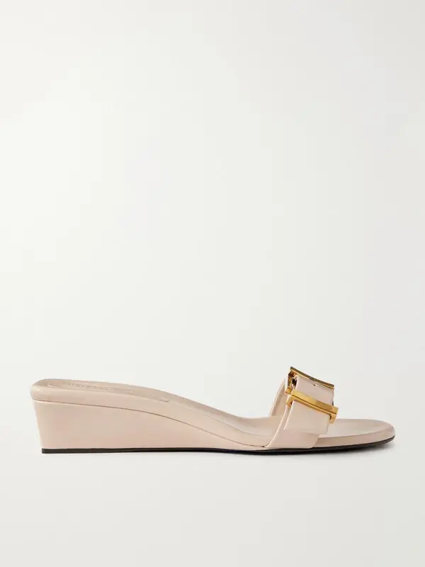 Khaite Manhattan Buckled Leather Wedge Sandals - Neutrals