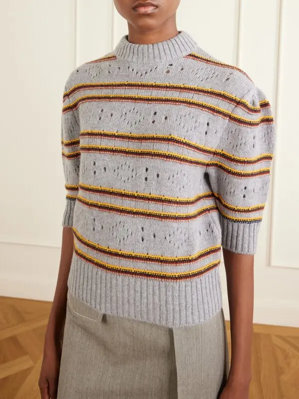 Marni Cropped Striped Open-knit Cashmere Sweater - Gray