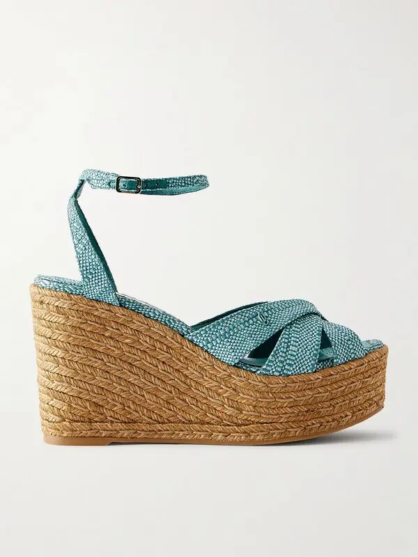 JIMMY CHOO Korra 100 Raffia Platform Wedge Sandals - Blue