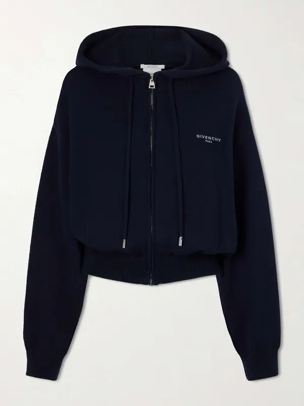 Givenchy Logo-embroidered Wool And Cotton-blend Zip-up Hoodie - Navy