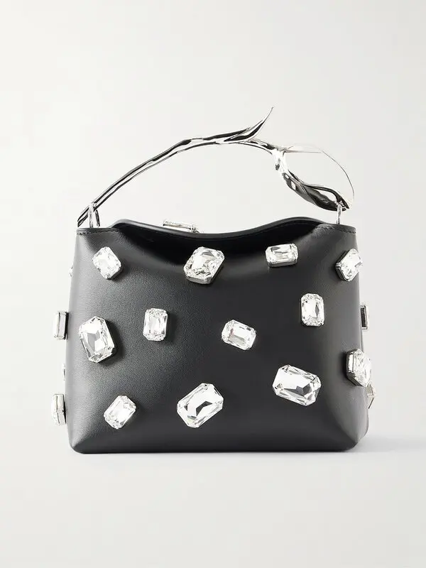 Erdem Mini Crystal-embellished Leather Clutch With Rose Handle - Black