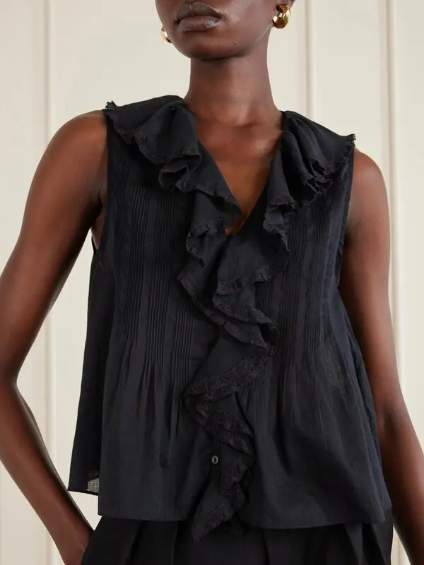 DÔEN Hilda Ruffled Embroidered Organic Cotton Top - Black
